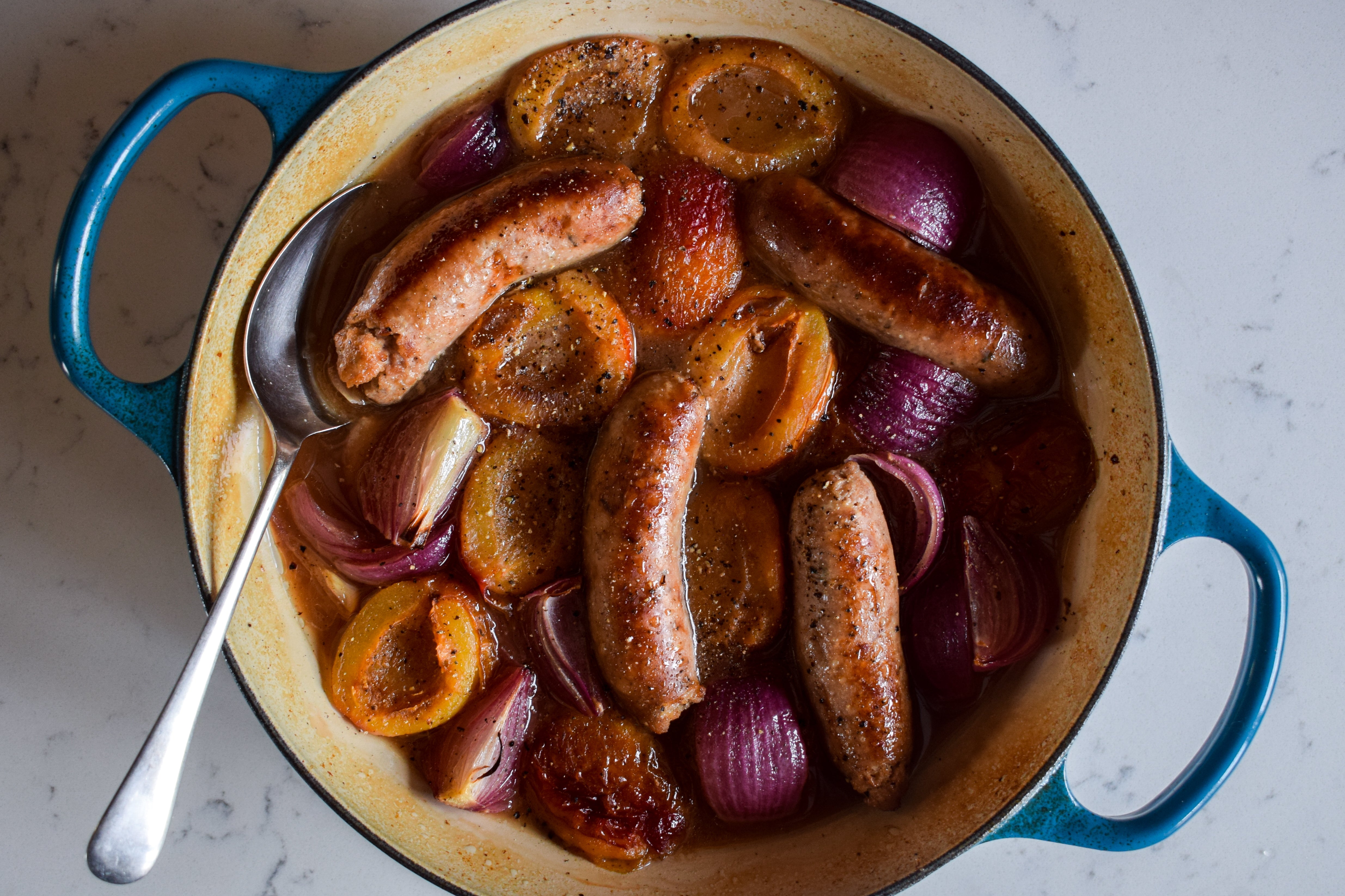 Sticky Baked Sausages with Red Onion & Plums – Macknade